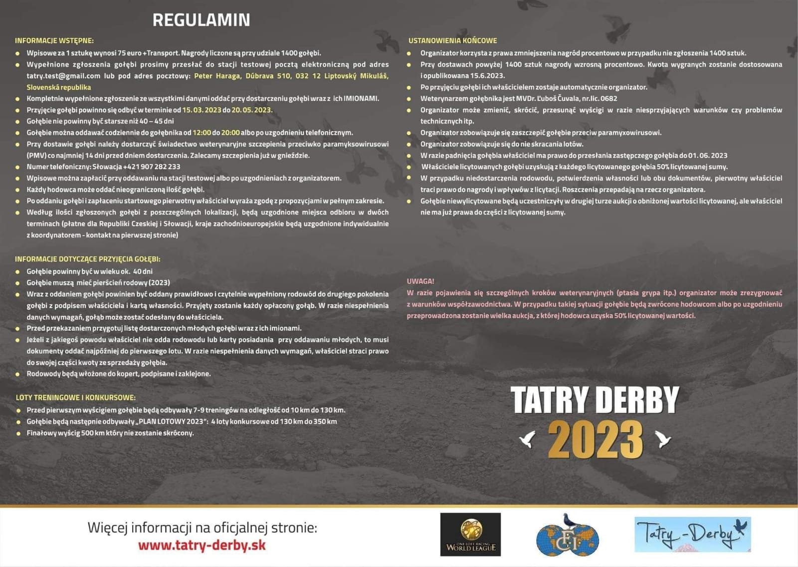 TATRY-DERBY. PROPOSITIONS OF THE ONE-LOFT RACE 2023 - ONE LOFT RACING